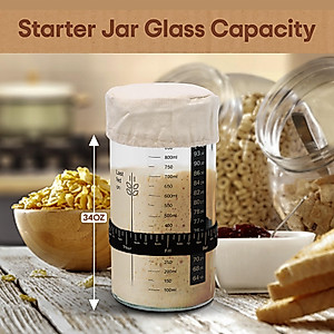 SourDough Starter Jar Kit Large 34oz. Wide Mouth Glass Jar with Scraper, Spatula, Cloth Cover, Feeding Band, Aluminum Lid, Temperature Strip, Instructions, Home Bread Baking Supplies, Fermentation Jar