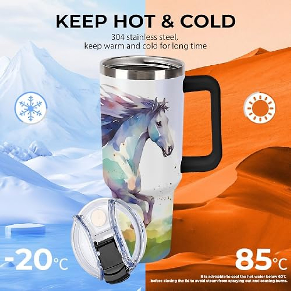 Running Horse Watercolor 40 Oz Stainless Steel Cup Travel Tumbler with Handle and Straw Lightweight Coffee Mug for Home Office
