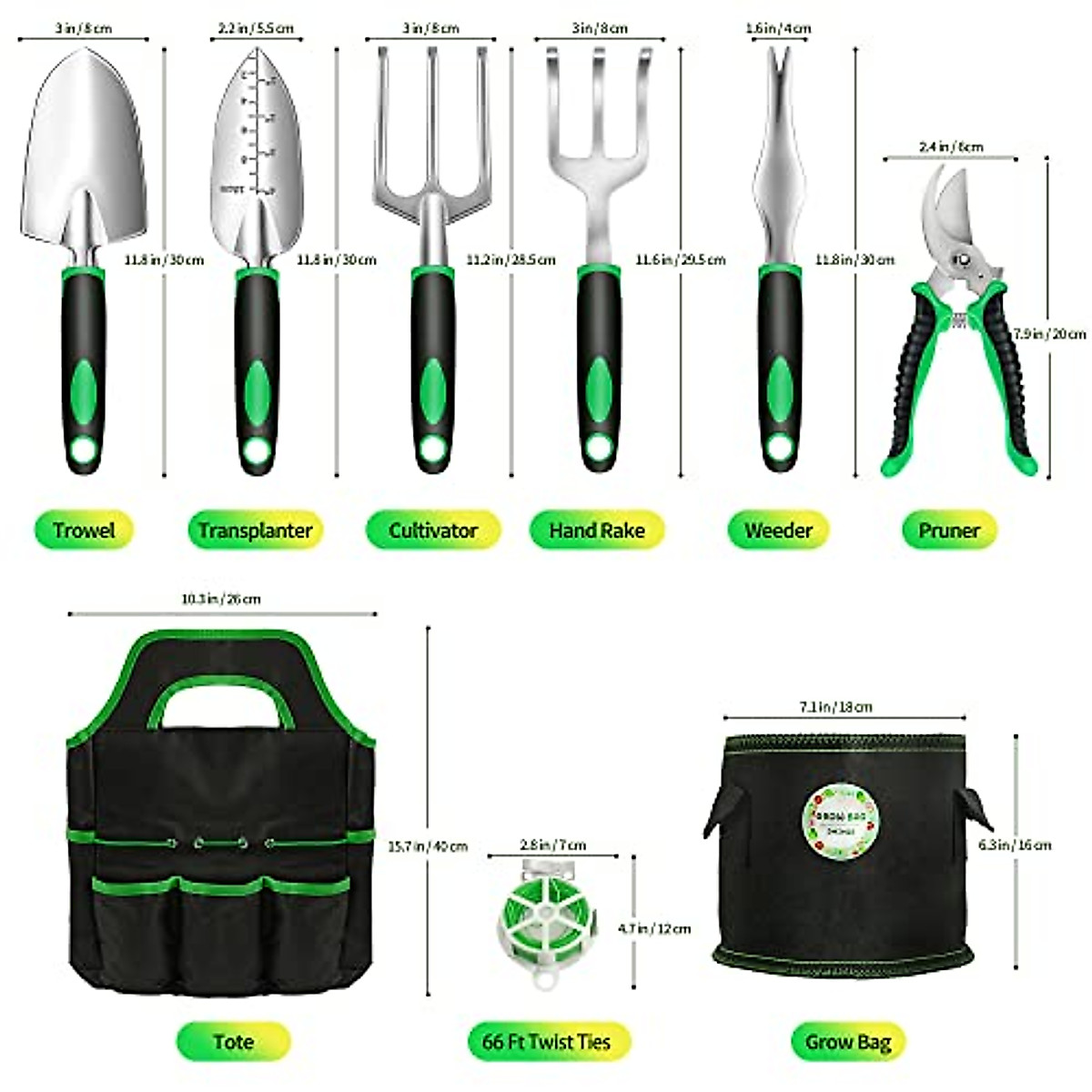 DMIMIA Garden Tool Set, 10 Pieces Heavy Duty Gardening Hand Tools Kit with Plant Grow Bags and Tote Storage Bag, Gardening Gifts for Women and Men,No-Rust,Suitable for Indoor and Outdoor Use