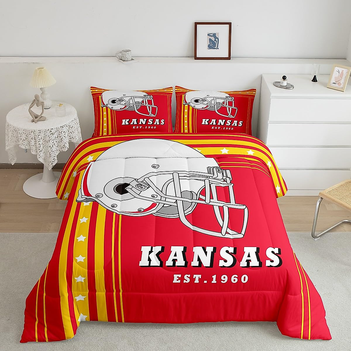Erosebridal American Football Comforter Set Rugby Decor Sports Game Bedding Comforter Sets Twin, Boys American Football City Bedding Red Yellow White Stars Stripes Duvet Insert 2Pcs (Kansas)