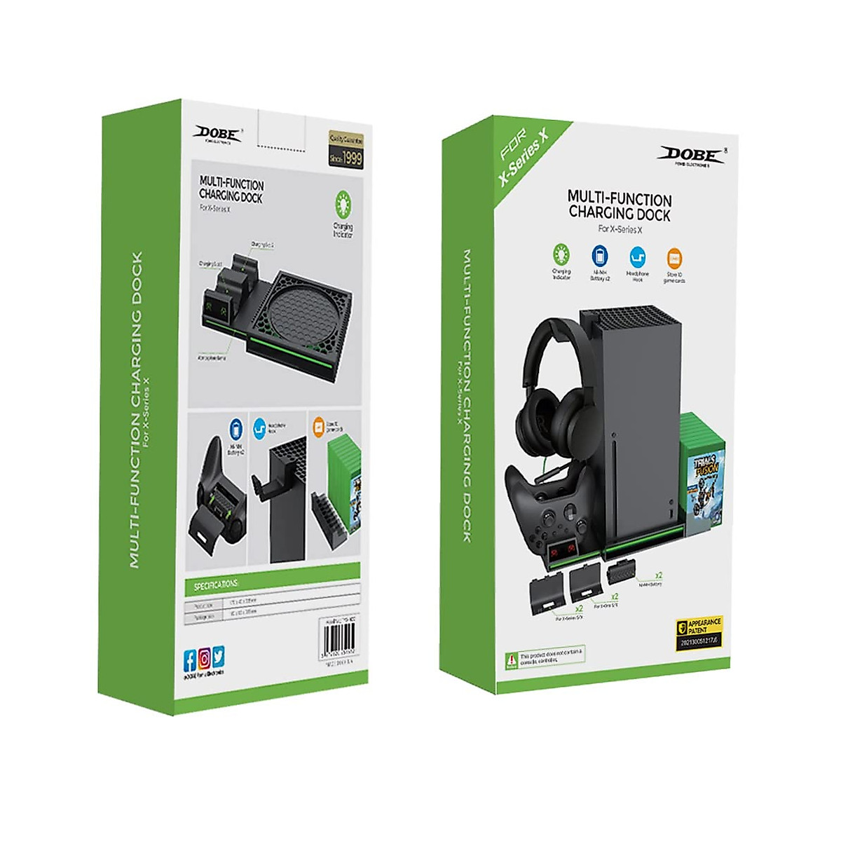 GAMFAMI Vertical Stand Compatible with Xbox Series X Console, Dual Charging Station with 2 Rechargeable Battery for Xbox Series X Controller, with 10 Game Card Slot and Headphones Holder & 4 Cover…