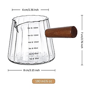 Joeyan 6 oz Glass Measuring Cups with Spout,Borosilicate Glass Triple Pitcher with Scale,Origami Style Espresso Shot Glasses with Wood Handle for Coffee Milk,Dishwasher Safe
