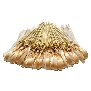 Kingsnow 50 Pack Champagne Lace Ribbon Wands Party Streamers with Bells Silk Fairy Stick Wand Party Favors for Wedding Send off Party Activities Baby Shower Holiday Celebration