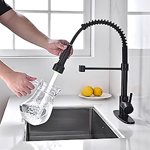 BZOOSIU Kitchen Faucet with Pull Down Sprayer, 17.65 inch Solid Brass Commercial Spring Single Handle LED Kitchen Sink Faucet for Farmhouse Camper Laundry Utility Rv Bar Sinks, Matte Black