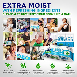 XL Body Wipes for Adults Bathing No Rinse - 50 Ct. + 4 Travel Shower Wipes - 9"x12" Thick Cleansing Bath Wash Wipes for Elderly Incontinence - Disposable Washcloths, Camping Essentials for Women & Men
