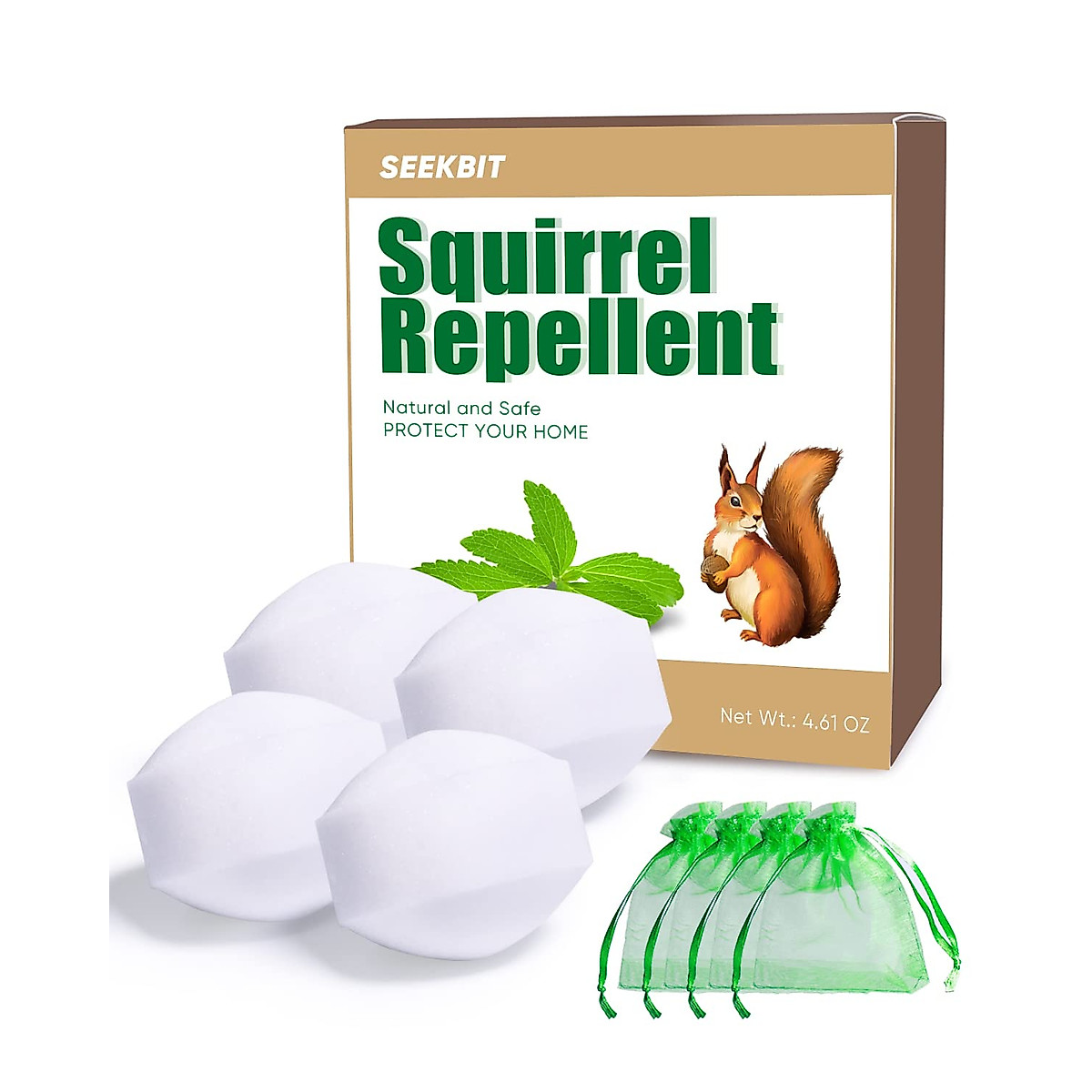 SEEKBIT 4 Pack Squirrel Repellent, Peppermint Garlic Keep Squirrel Out of Attic, Car, Engines, Roof, Outdoor Squirrel Deterrent Repels Chipmunk Rodent Mice Away from Garden, Yard, Warehouse
