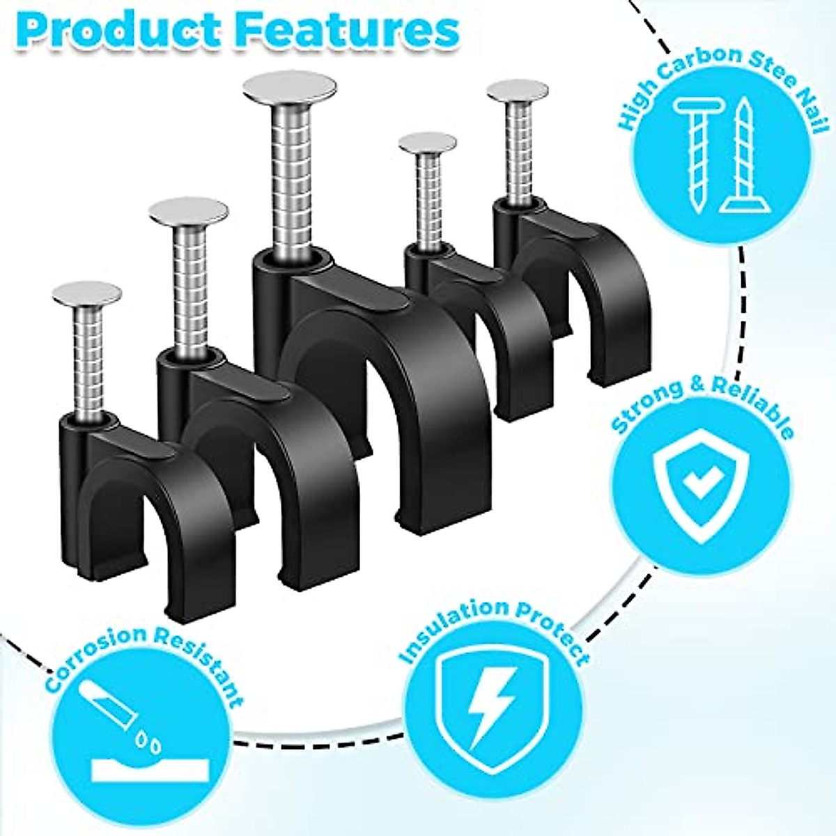 Cable Clips Black with Steel Nails, 500PCS 4/5/6/8/10mm Cable Wire Clips Cable Tacks Coax Nails for RG6, RG59, CAT6, RJ45 Ethernet Cable Clips