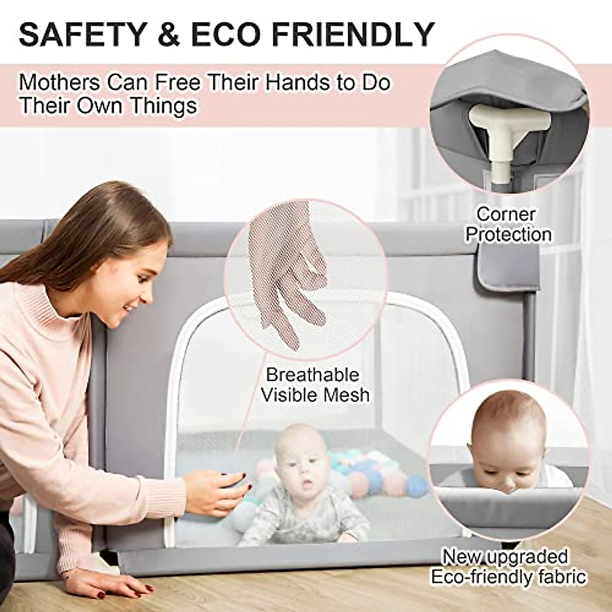 OTTOLIVES Baby Playpen, 71x59 Inch Extra Large Playpen for Babies and Toddlers, Safety Baby Gate Playpen with Breathable Mesh, Portable Play Yard for Babies for Indoor & Outdoor Kids Activity Center