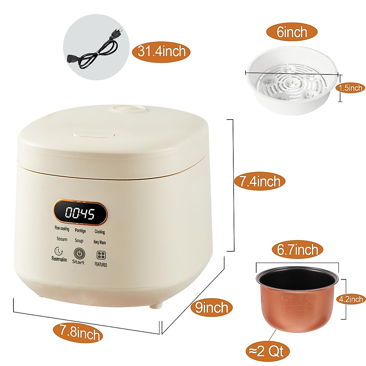 NUNET Electric Rice Cooker, Portable 6-1 Multi-Functional Smart Food Steamer Time Control 400W Mini Cooker 2QT 3 Cups Uncooked/5 Cups Cooked for Soup Grain Oatmeal w. Non-Stick Inner Pot