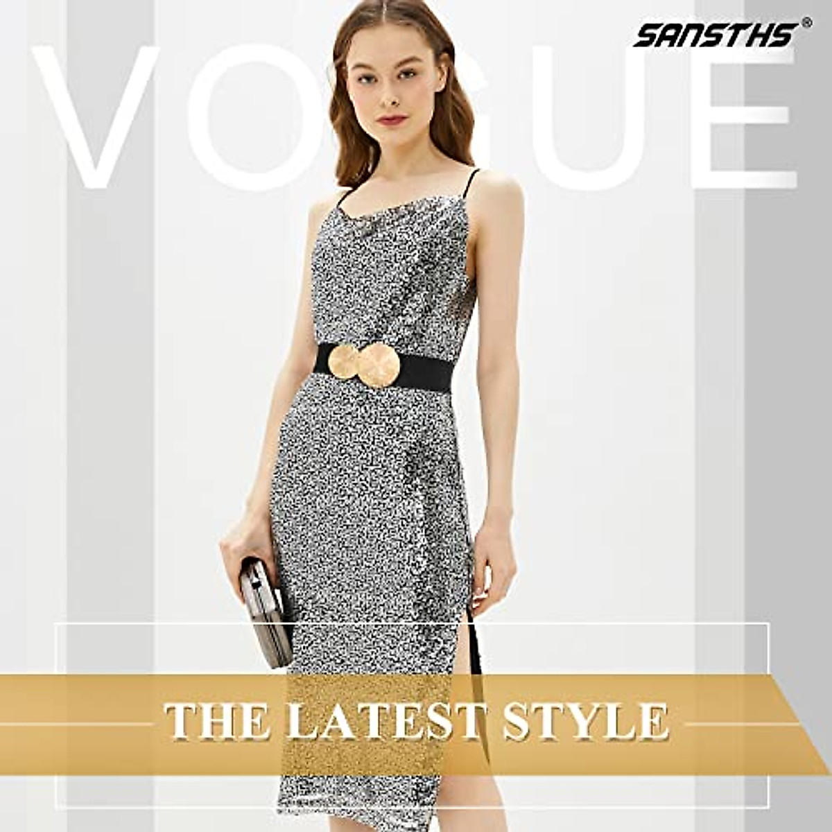 SANSTHS Women Wide Elastic Belt with Gold Buckle for Dress Stretchy Vintage Waist Black Belt, S