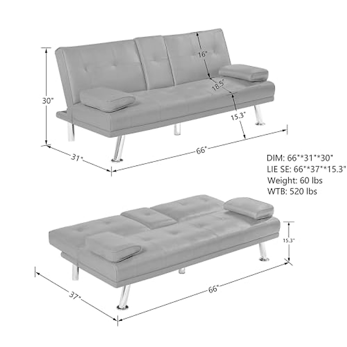 PAPAHUG Convertible Versatile Sleeper Folding Futon Bed,Adjustable Faux Leather Sofa Couch for Living Room,Metal Legs, 2 Cup Holders