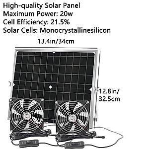 Bairnqner 20W Solar Powered Fan for Chicken Coop, Dog House, Outside Shed Greenhouse, Solar Fan with Two IPX7 Waterproof Fans 11.5Ft On/Off Switch Cable Installation Kits