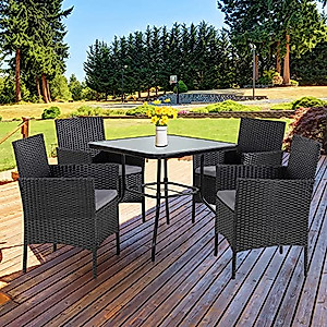 Shintenchi Outdoor Patio Furniture 5-Piece Indoor Outdoor Wicker Dining Set, Square Tempered Glass Top Table with Umbrella Hole and 4 Chair Set， Black