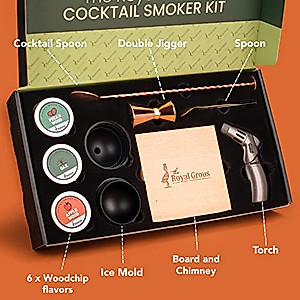 The Royal Grous Cocktail Smoker Kit with Torch - Old Fashioned Cocktail Kit - Bourbon, Whiskey Smoker Infuser Kit, Torch Kit with Chimney Smoker, Jigger, Ice Mold, Mixing Spoon, 6 Wood Chips Flavors, Smoke Board, Recipes (No Butane)