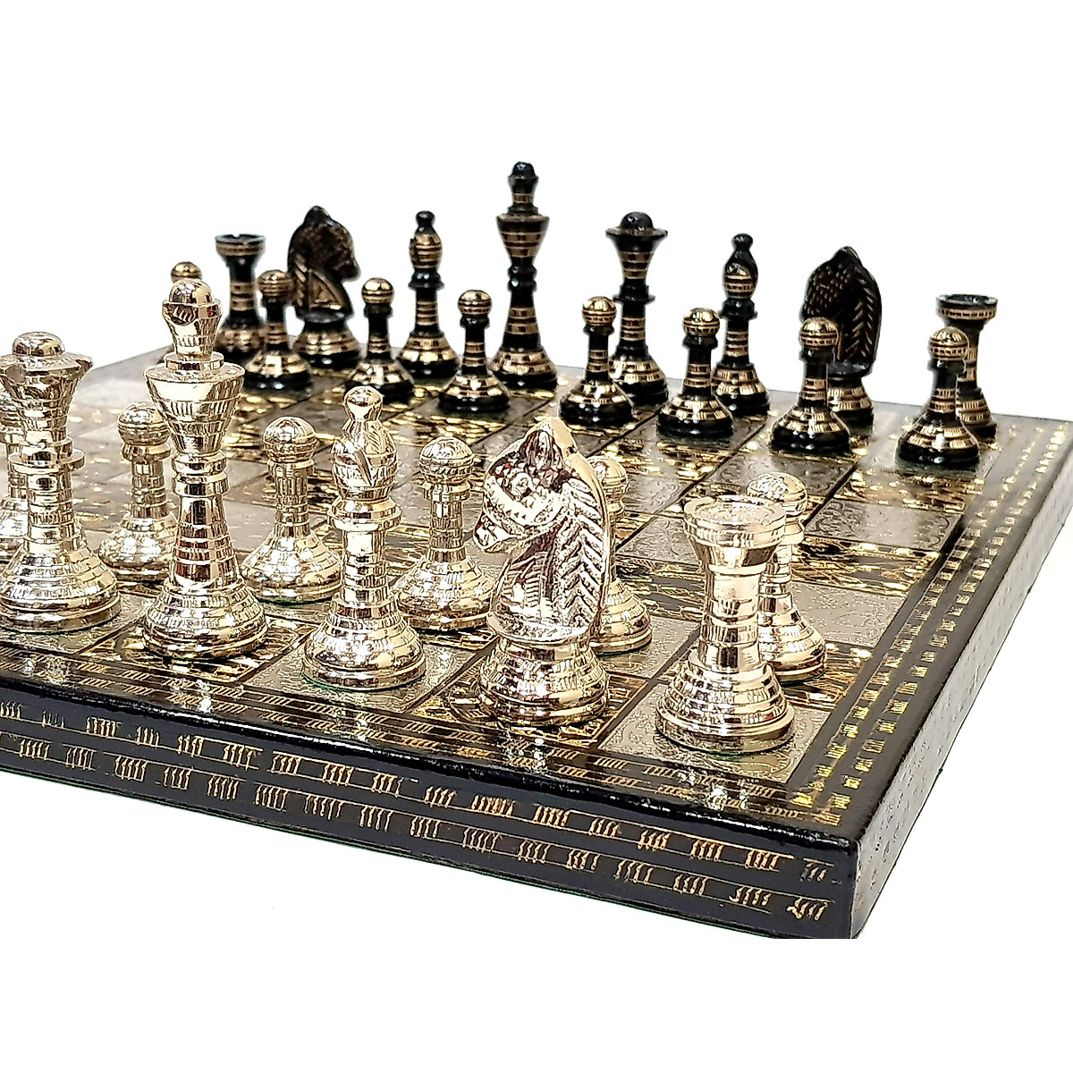 StonKraft Brass Chess Board Game Set with 100% Brass Chess Pieces Chessmen Coins (12" x 12" Inches)