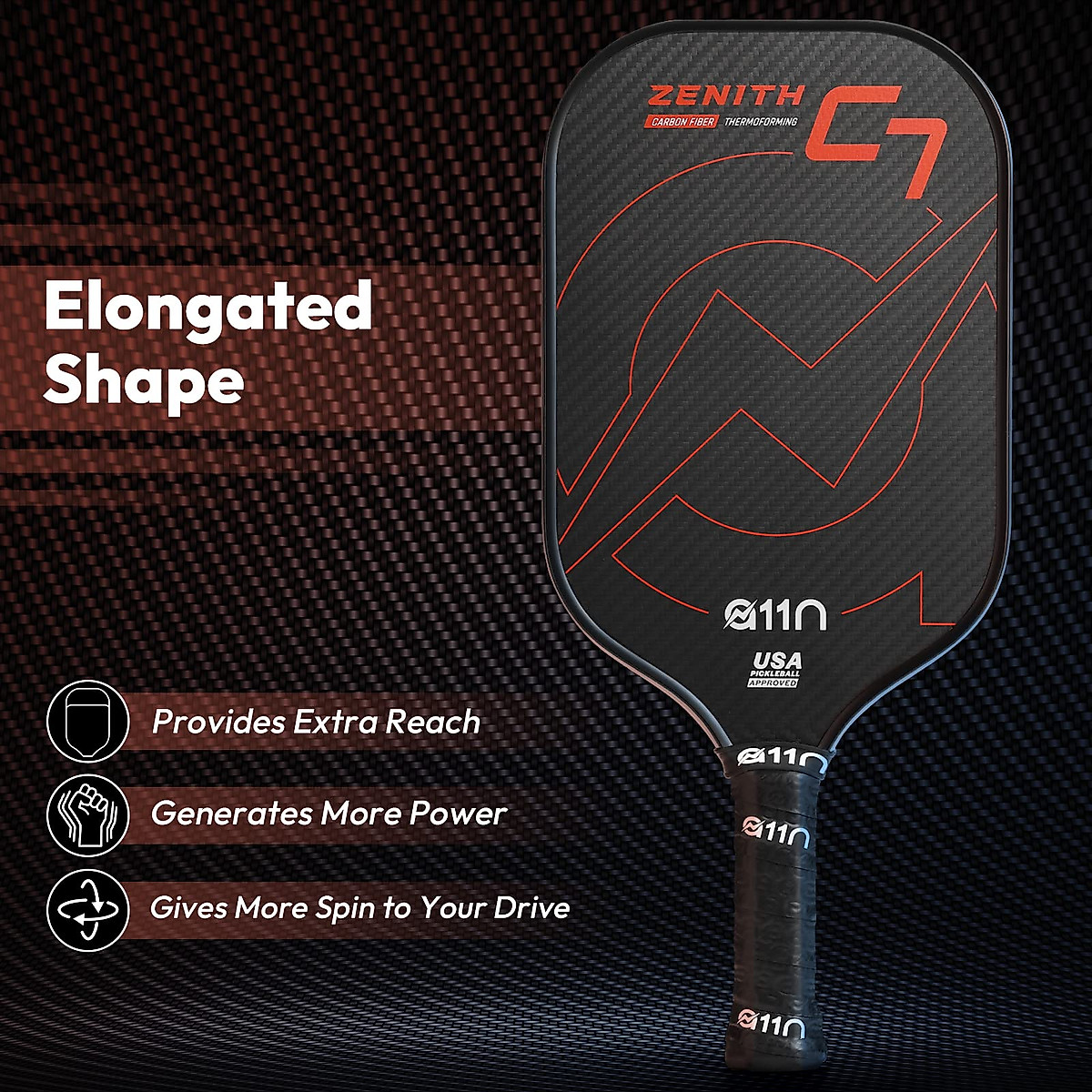 A11N Zenith C7 Pickleball Paddle 16mm | T-700 Carbon Fiber with Foam Injected Walls | Enlarged Sweet Spot | Elongated Shape | Red