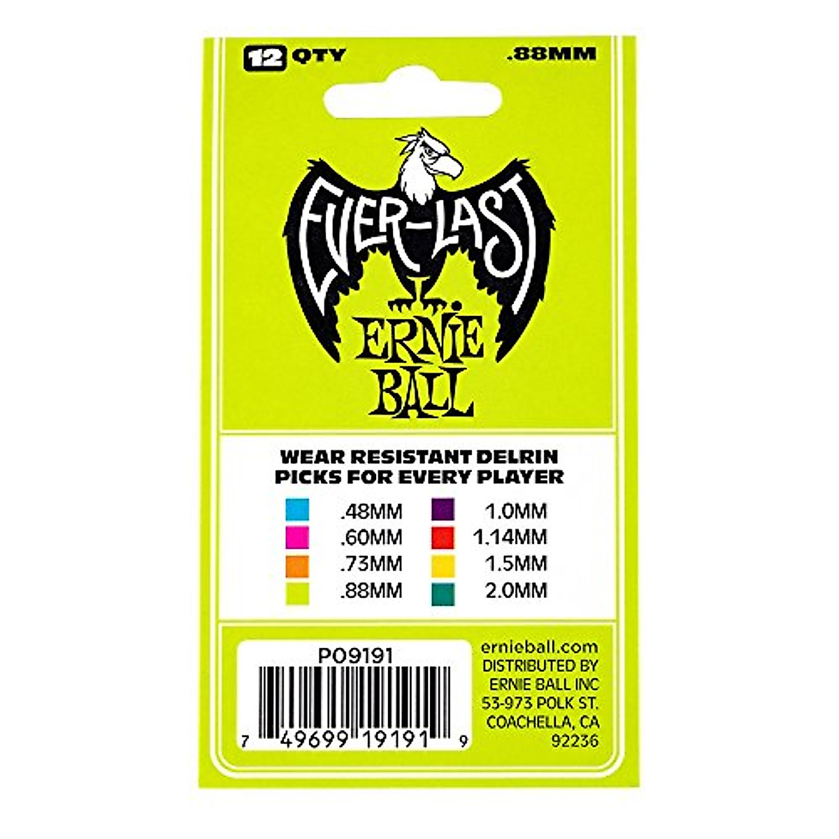 Ernie Ball Everlast Guitar Picks, Green .88mm, 12-pack (P09191)