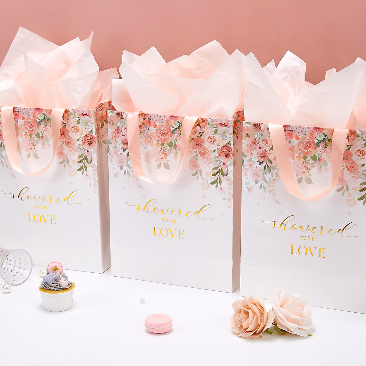 Crisky 13" Large Bridal Shower Bag with Bridal Shower Card Flower (Showered with Love) Gift Bag with Tissue Paper, Gift Card for Wedding, Bridal Shower, Engagement Party