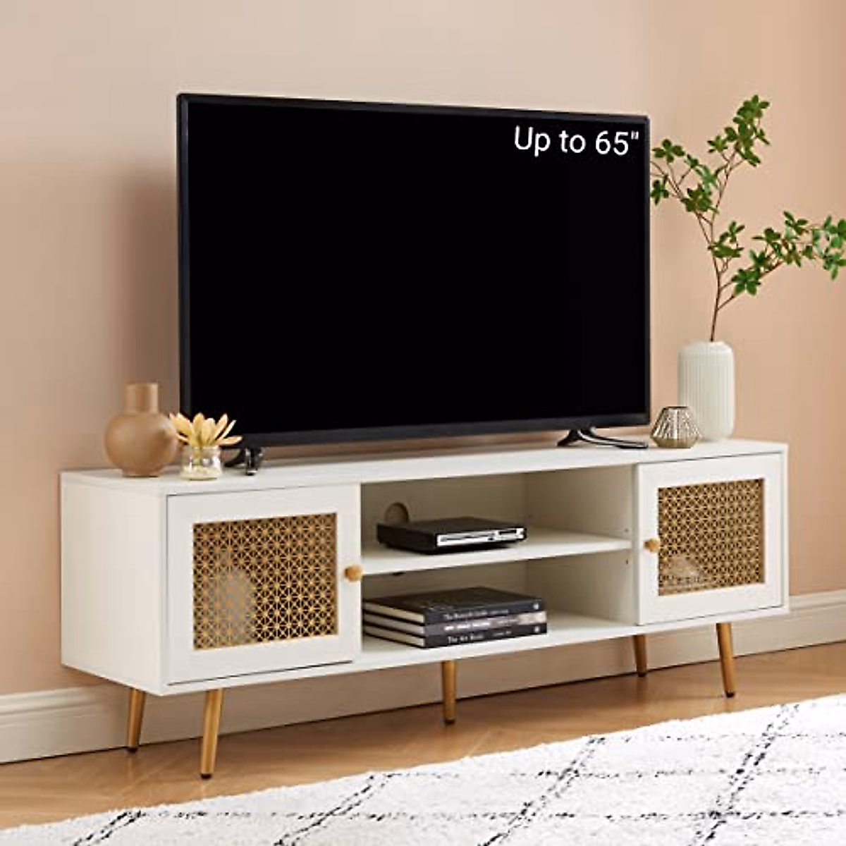JYED DECOR Antique White Mid Century TV Stand with Metal Mesh Doors and Open Shelving, Media Console for TV up to 65 Inches, Entertainment Center for Living Room, Bedroom