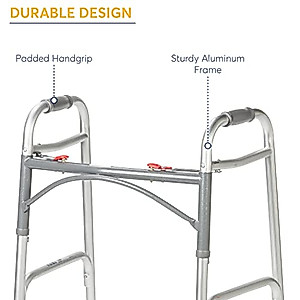Drive Medical 10210-1 2-Button Folding Walker with Wheels, Rolling Walker, Front Wheel Walker, Lightweight Walkers for Seniors and Adults Weighing Up To 350 Pounds, Adjustable Height, Silver