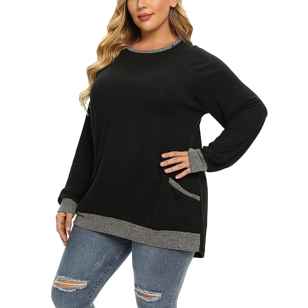 Plus Size Sweatshirts for Women, Long Sleeve Fall Crewneck Tunic Tops with Pockets for Leggings Black 3X