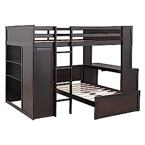 SOFTSEA Full Over Twin Bunk Bed with Desk, Full Size Loft Bed with Wardrobe and Storage, Wood Loft Bed with Stand-Alone Bed for Kids Teens (Espresso)