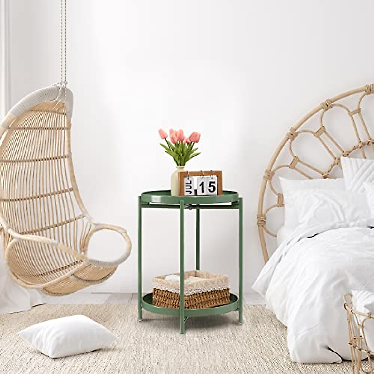 TeoKJ 2 Tier Green Side Table, Folding Round Metal End Table Small Nightstand Accent Table with Two Removable Tray for Bedroom Living Room Bedside Small Spaces Dark Green