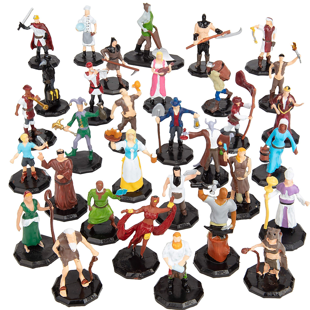 1" Hex Townsfolk Mini Fantasy Figures Set - 32 Unique Non Player Characters NPC - Nobility, Merchants, Peasants, Entertainers, Compatible w DND Dungeons Dragons Pathfinder RPG Games