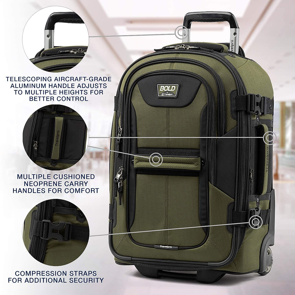 Travelpro Bold Softside Expandable Carry on Rollaboard Luggage, Carry on 22-Inch, Olive Green/Black