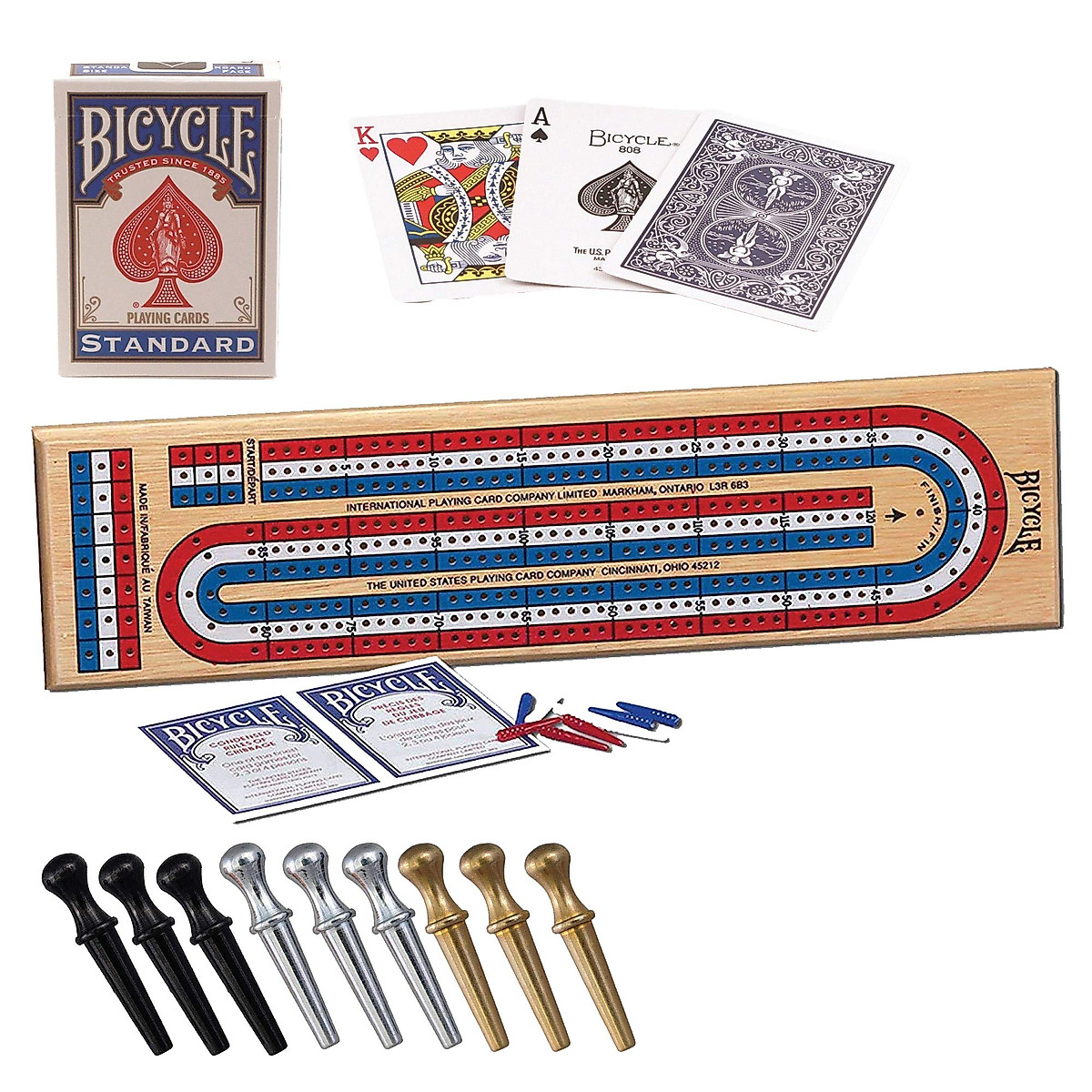 Cribbage Board by Bicycle 3-Track Colour Coded Real Pine Wood Cribbage Game with Deck of Bicycle Cards and Premium Metal Cribbage Pegs