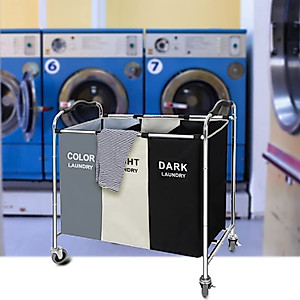 3 Section Laundry Basket Sorter,240L Laundry Blanket Cart with Wheels, 16 X 30 X 35 inch Large Laundry Hamper Bag Bin for Dirty Clothes, in Laundry Room,Bathroom, Closet Organizers & Storage- WHITE