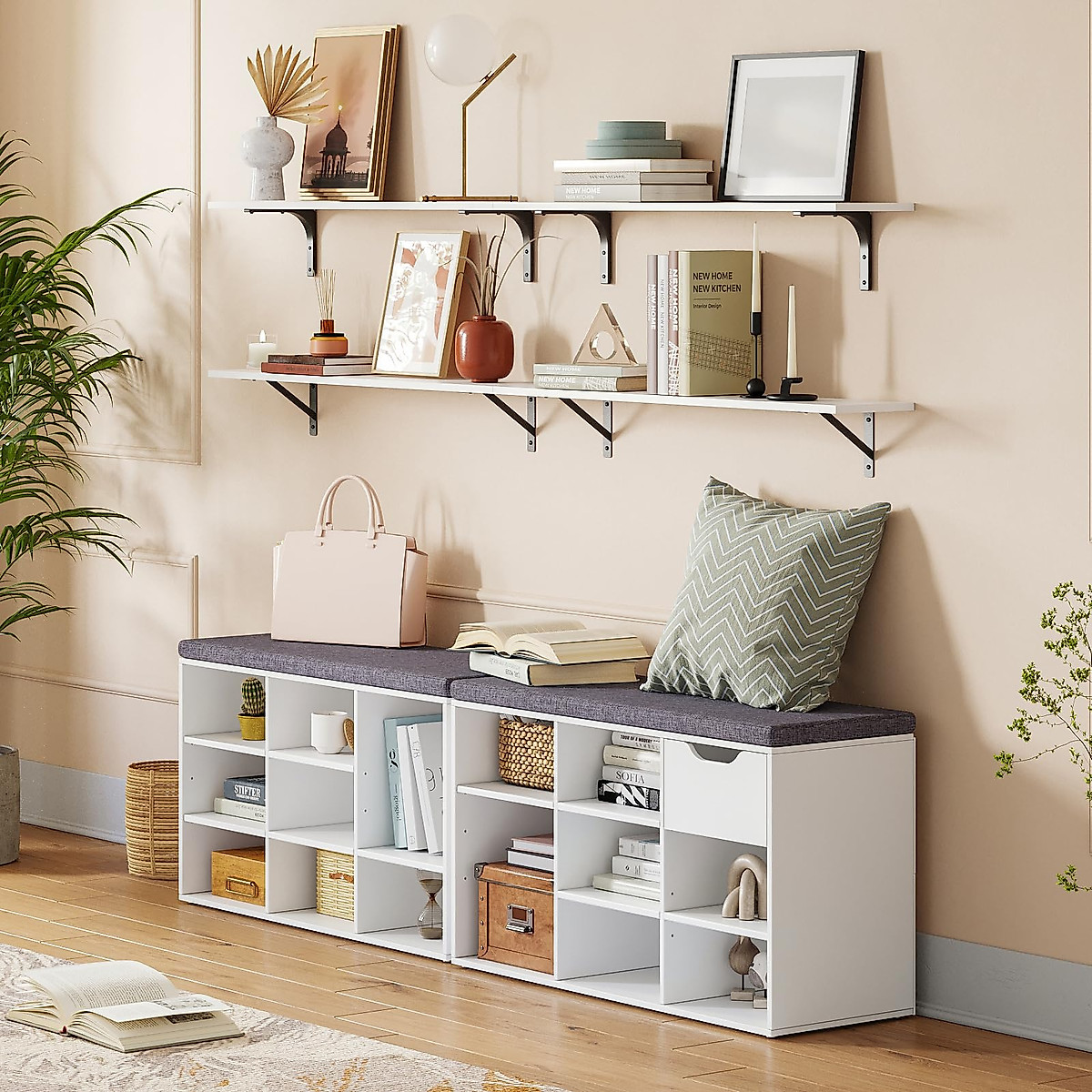 DINZI LVJ Shoe Storage Bench with Cushion, Cubby Shoe Rack with 9 Cubbies, Adjustable Shelves, Multifunctional Shoe Organizer Bench for Entryway, Mudroom, Hallway, Closet and Garage, White