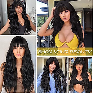 AISI QUEENS Black Wig with Bangs, Long Black Wavy Wigs for Women Synthetic Wigs Natural Black Curly Hair Wig for Girls Daily Party Use
