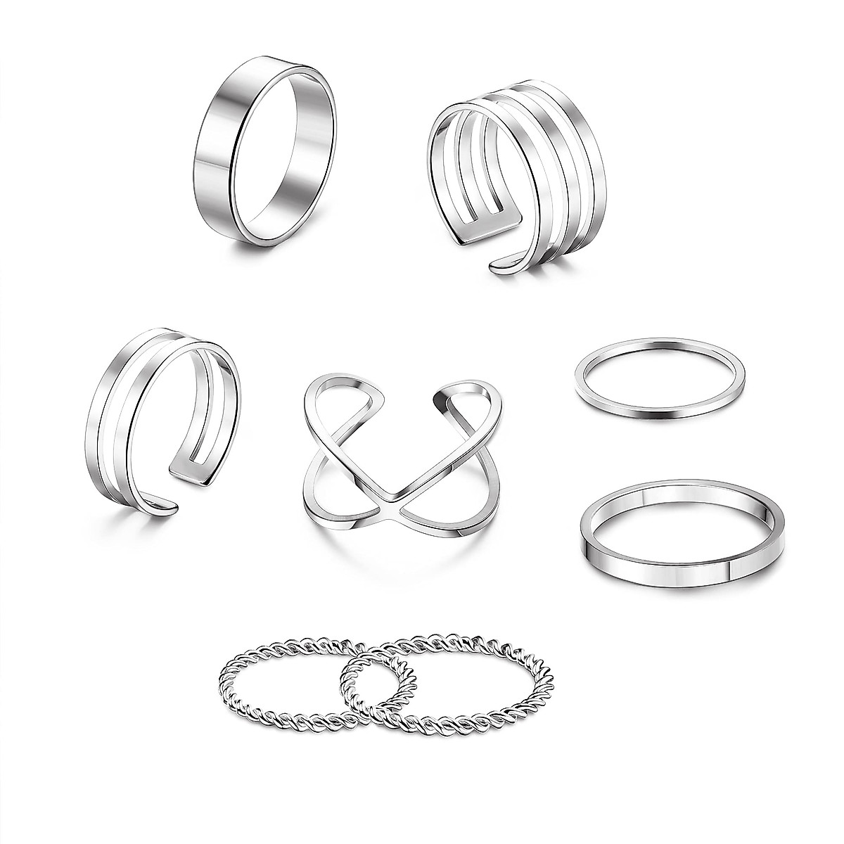 HAIAISO 8 Pcs Knuckle Rings Set Stainless Steel Ring Silver Simple Smooth Finger Stackable Rings Set for Women Plain Band Rings