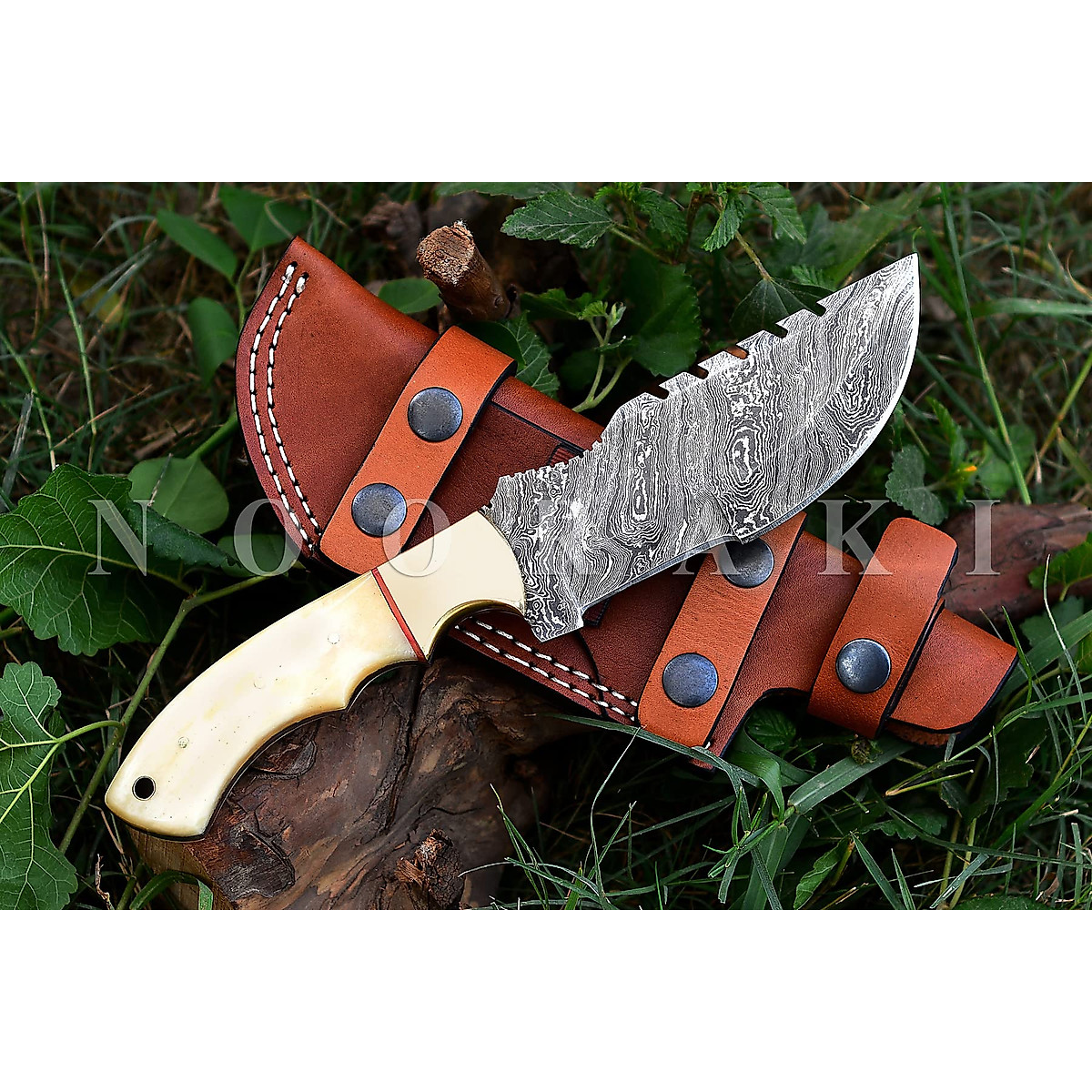 Nooraki - 11-inch | Fire Pattern Custom Handmade Damascus Tracker Knife with Camel Bone Handle Hunting knife, Camping knife, Bushcraft Knife, Survival Knife, Full Tang With Sheath #333