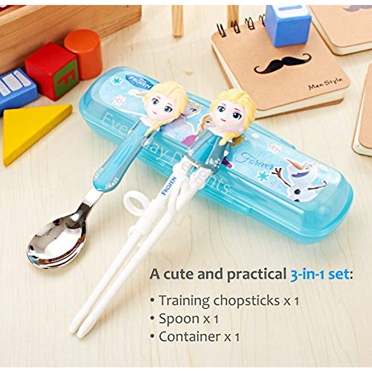 Frozen Queen Elsa Kids Children Spoon Training Chopsticks Flatware Utensil Cutlery Dinnerware Tableware Set with Case, 3 pieces