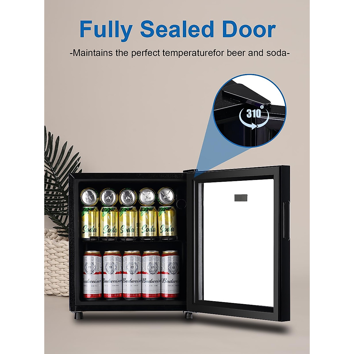 Beverage Refrigerator Cooler 60 Can Cooler Fridge Glass Door for Beer Drinks Wines Juice, 1.6 Cu. Ft Adjustable Shelves Blue LED Lights and User Friendly Temperature Knob for Home Office Dorm Bar