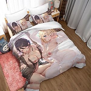 NICHIYOBI Sexy Anime Girls Uncensored Poster Duvet Cover 3 Piece Bedding Set,Adults Teen Movie Anime Themed Quilt Cover (Style 4,King104x90in + 20x36in*2)