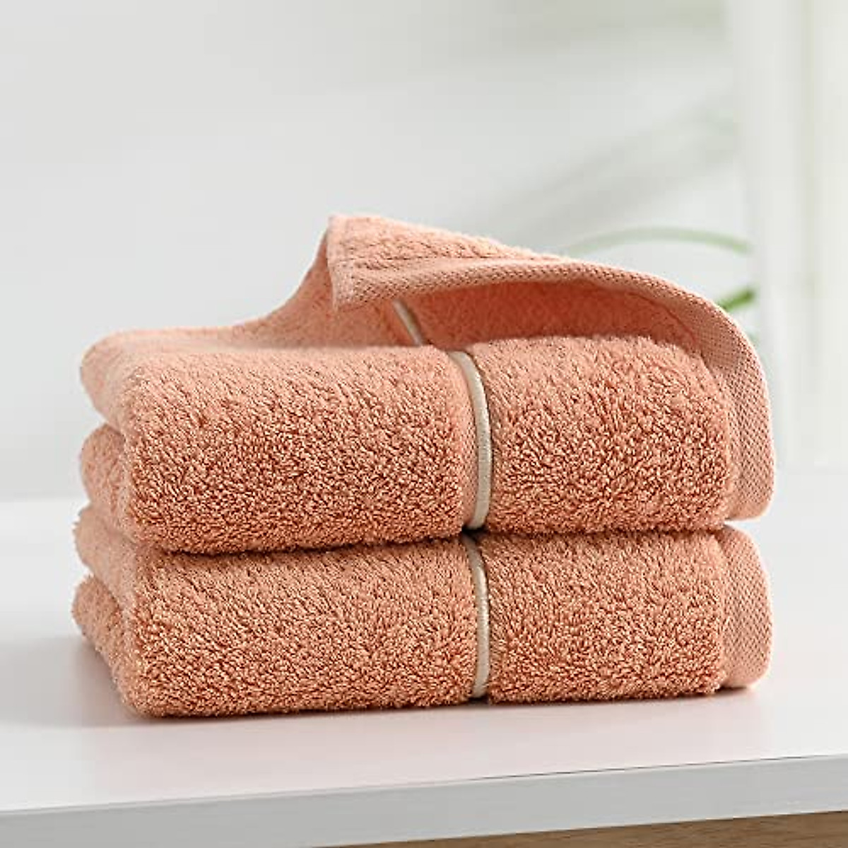 YiLUOMO Hand Towel Set of 2 Soft 100% Cotton Towels Gold Line Embroidered Design Absorbent Terry Bath Hand Towels for Bathroom Decorative Hotel, Gym, Pool 13x 29 Inch (Coral)