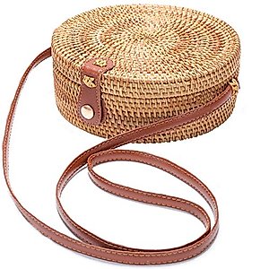Handwoven Round Rattan Bag Shoulder Leather Straps Natural Chic Hand