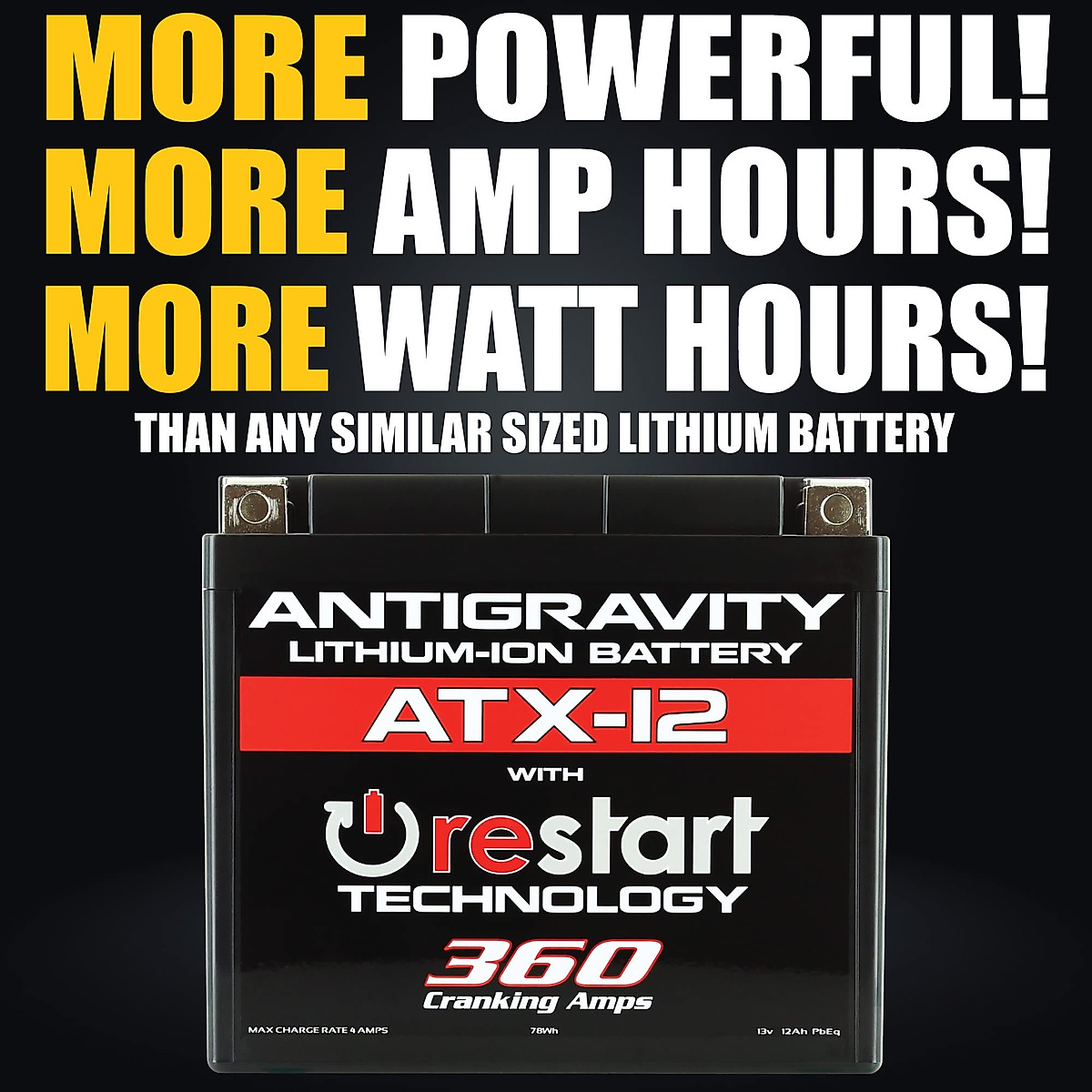 Antigravity ATX12 Performance Lithium Motorcycle Powersport Battery wth Built In Jump Starting, 6.1Ah. Replaces YTX12, YTX14, Honda, Yamaha, Kawasaki, Generators