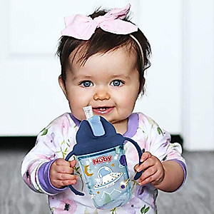 Nuby No Spill Flip N Sip 2 Handle Tritan 360 Weighted Straw Glitter Print - 8oz/ 240 Ml/ 12 M+, Colors Vary: Blue Space, Red Dinosaur, Pink Fox, Green Swan