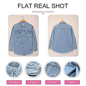 Dokotoo Women's Washed Boyfriend Oversized Lapel Button Up Long Sleeve Denim Trucker Jacket Distressed Ripped Denim Jackets Fashion Distressed Jean Jacket for Women with Pockets, (US 8-10) M,Sky Blue