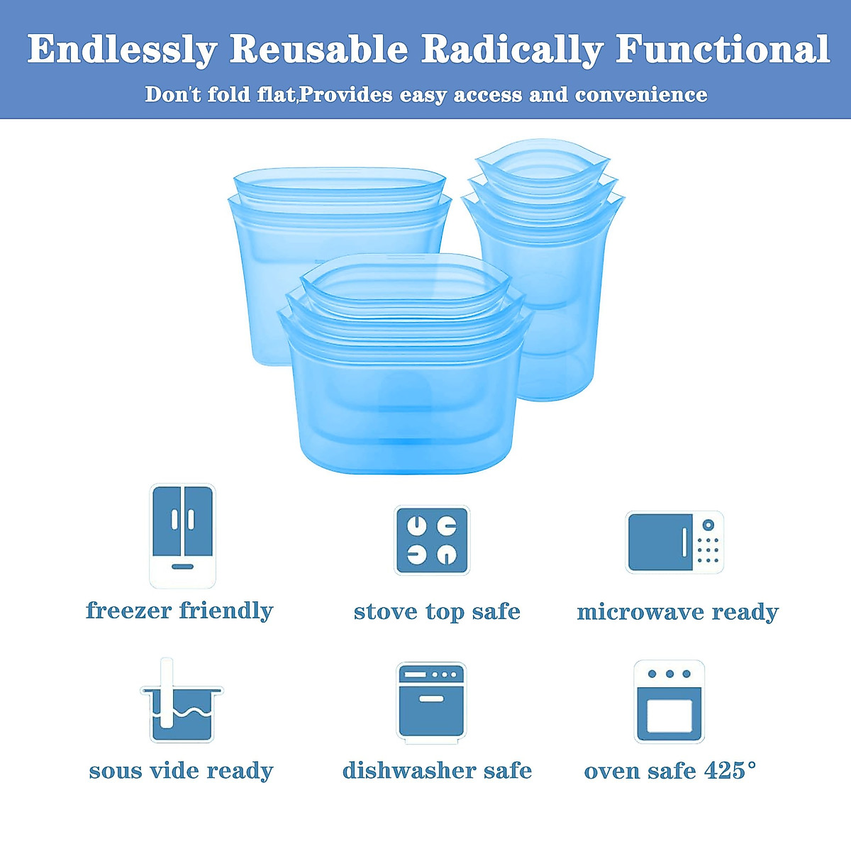 Ami.Todfo Reusable Food Storage Bag 100% Silicone Meal Prep Container Microwave Freezer and Dishwasher Safe Leak-free Bundle 8-Pack Bowls 8 Bag Set Sandwich Snack (Blue)