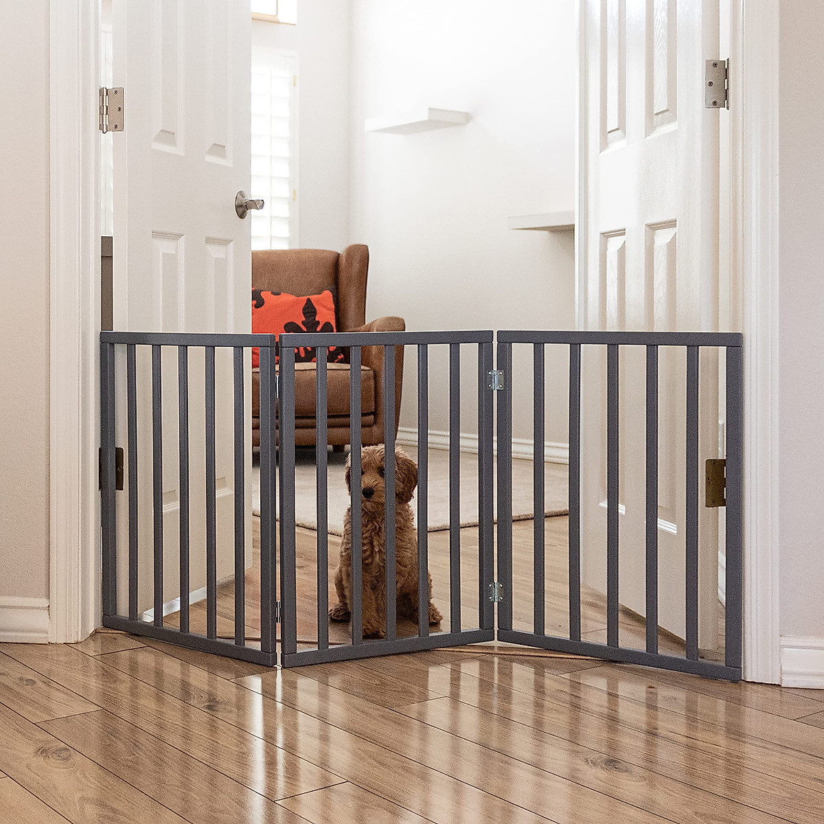 Primetime Petz - Best Freestanding, Hard Wood, Folding Pet Gate, Indoor Dog Fence for Home,Gray