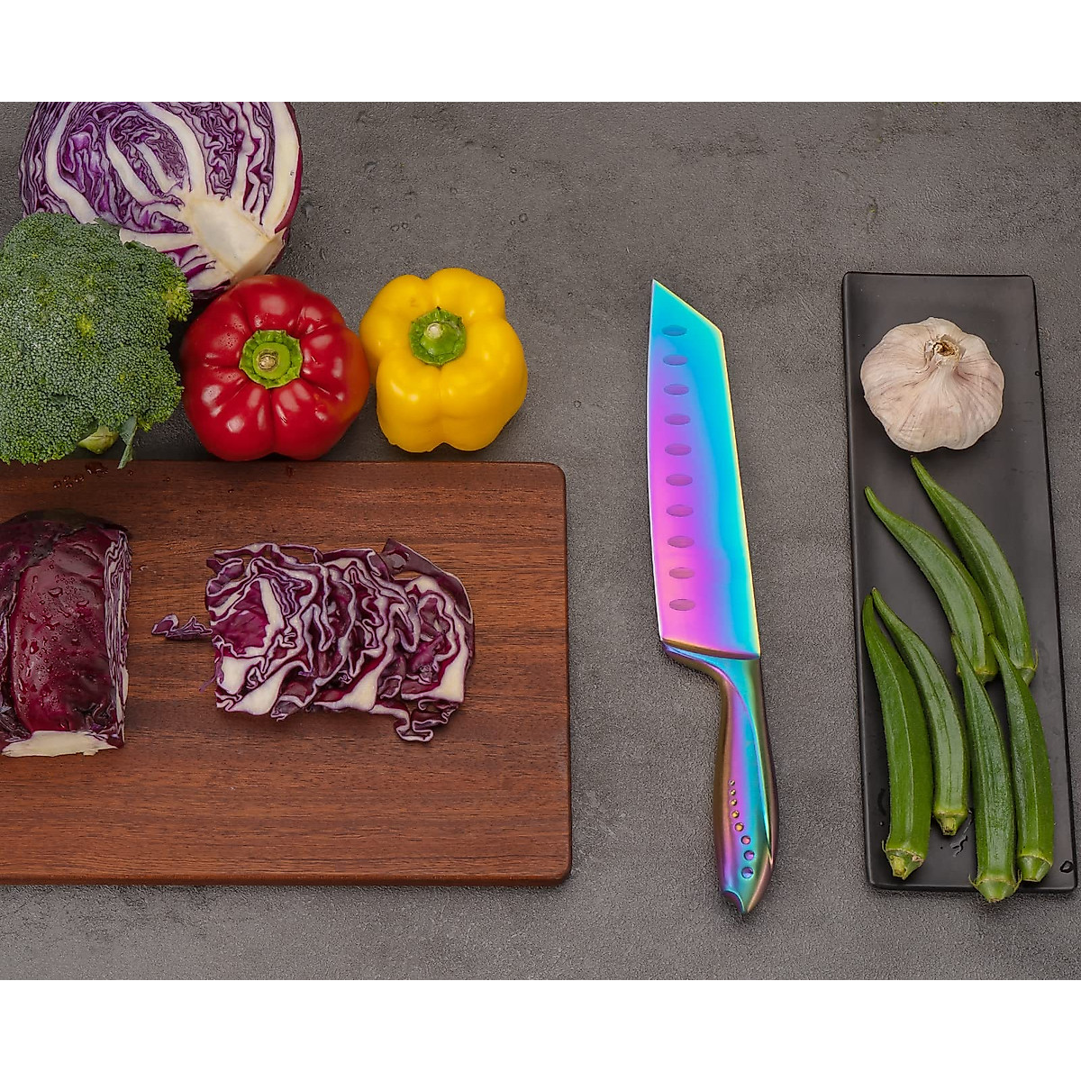 WELLSTAR Kiritsuke Chef Knife 8 Inch, Razor Sharp German Steel Blade and Comfortable Handle with Rainbow Titanium Coated for Kitchen Food Cutting Slicing Dicing, Asian Vegetable Meat Cooking Knife