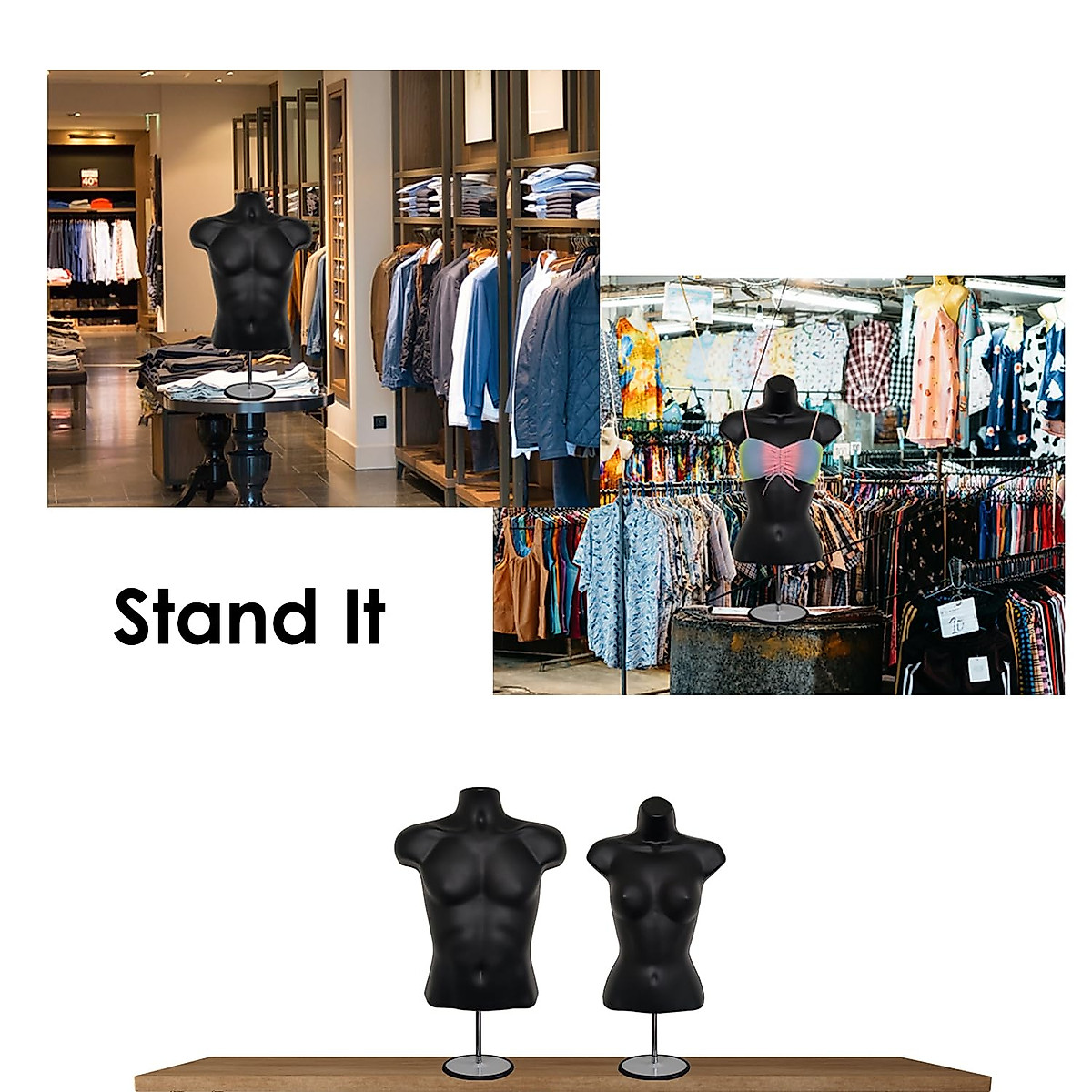 DisplayTown 2 Black Male Mannequin Hollow Back Body Torso Set w/ Clothes Clips, Metal Stands and Metal Poles & Hanging Hooks, S-M Sizes