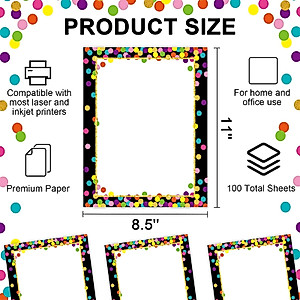 100 Sheets Back to School Confetti Black Stationery 8.5x11 Computer Border Printer Paper, Letterhead Paper for Teacher Printing Writing Letters, School Printer Supplies for Kids Home Family