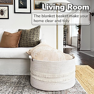 CherryNow Large White Woven Storage Basket, Boho Decorative Basket for Home Decor, Towel basket for Bathroom, Bedroom, Living room, Baby Nursery Basket for Clothes, Toys, Blankets, 22 x 14 inches