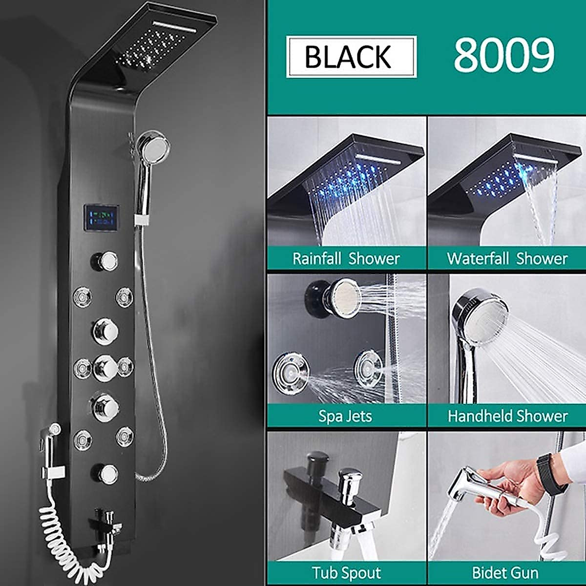 AlenArt Wall Mount Stainless Steel LED Shower Panel Tower System, Rainfall Waterfall Shower Head, Hydroelectricity Display with Massage Jets,Black
